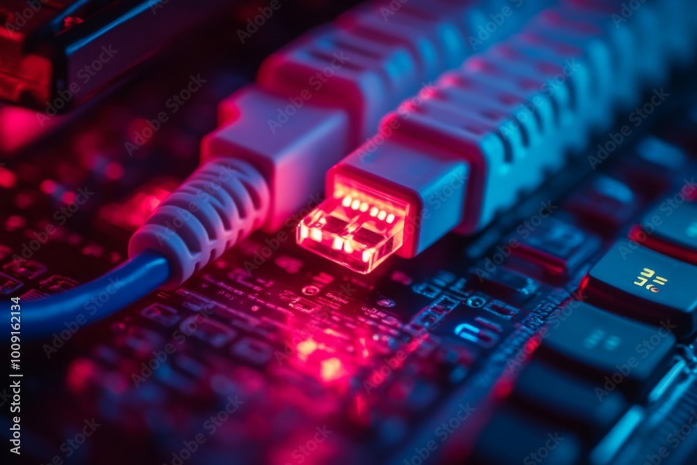 Closeup of an internet cable being connected the end port on one side ...