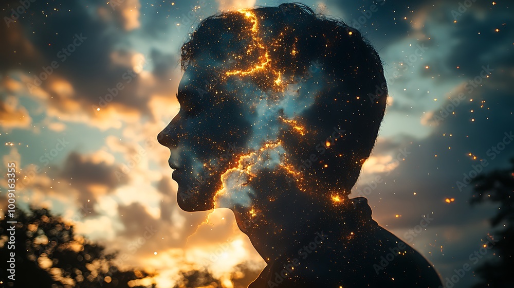 8. A double exposure of a sky filled with stars blending into a person ...