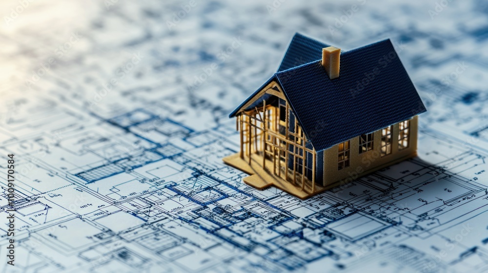 Blueprint spread out with a model house positioned on key design ...