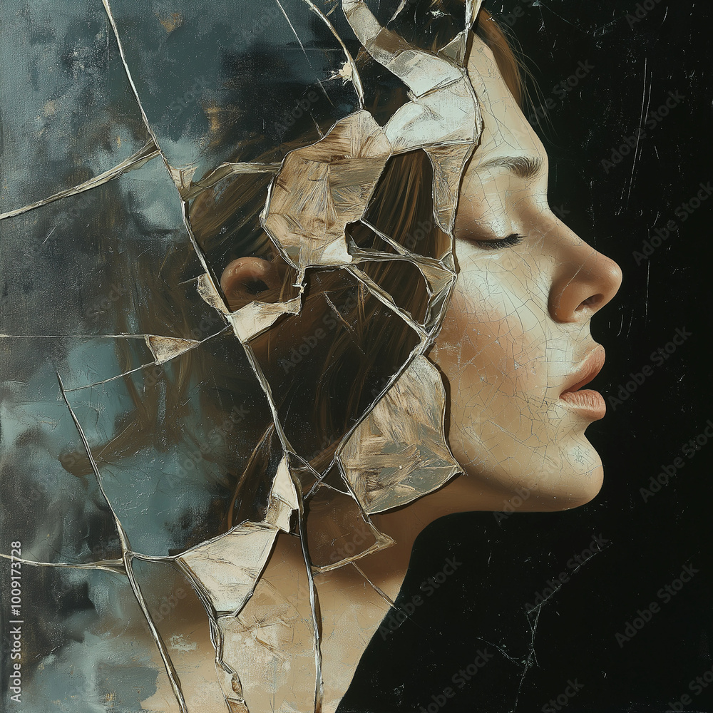 side profile of a woman looking into a cracked mirror, The mirror ...