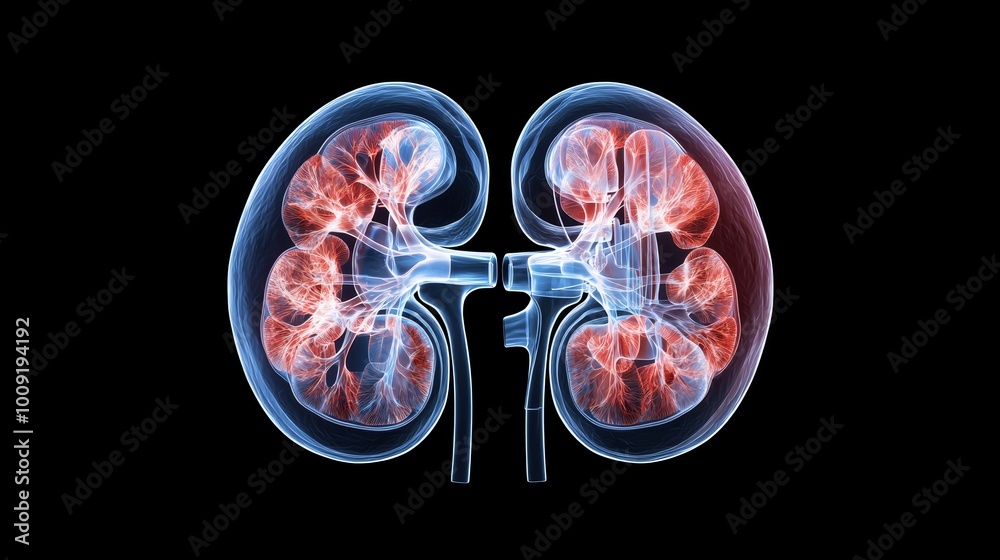 A 3D anatomical model of a pair of human kidneys, with transparent ...