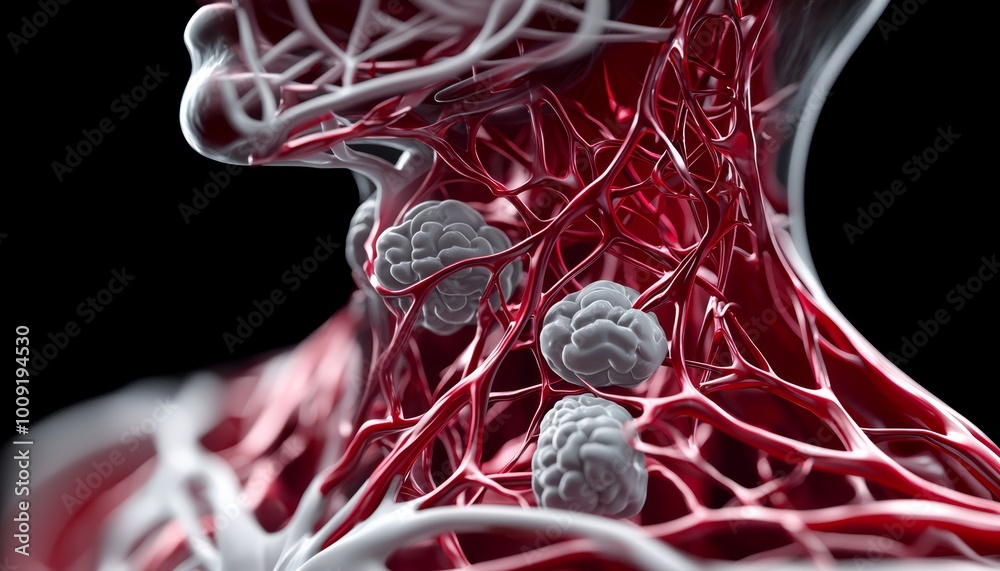 A 3D anatomical rendering of the lymph nodes and vessels, with ...