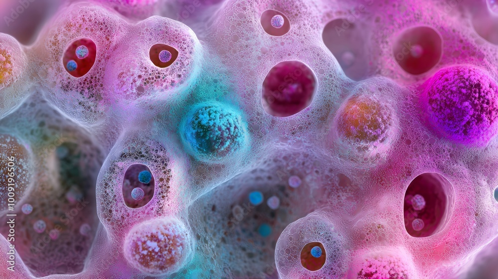 Poster A 3D model of a stem cell colony under a microscope, with ...