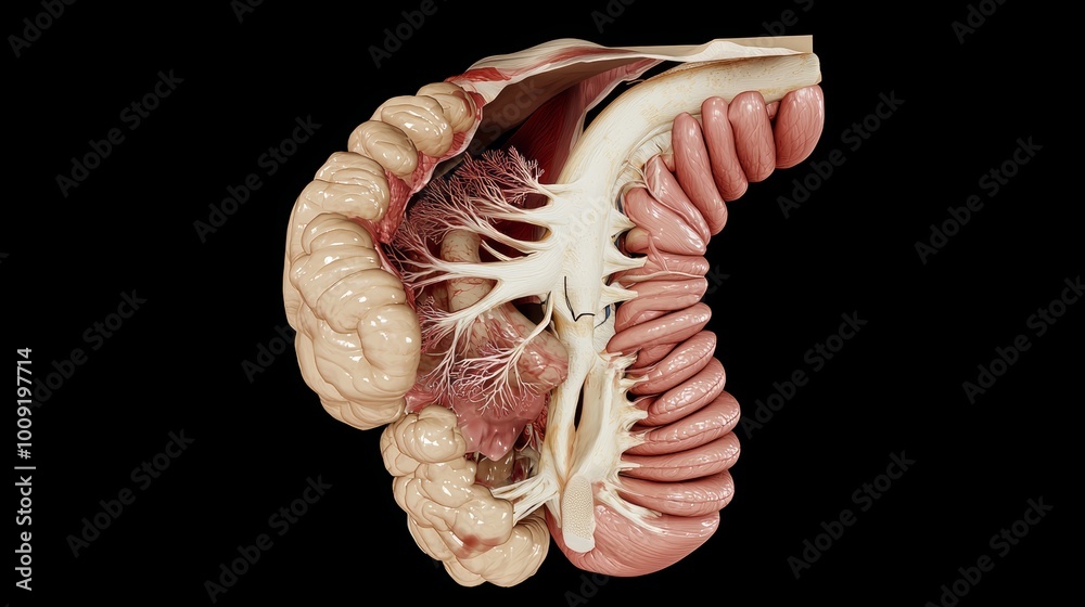 A 3D model of the large intestine, with the ascending, transverse ...