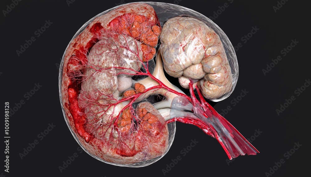 A 3D model showing the kidney's internal structure, with the renal ...