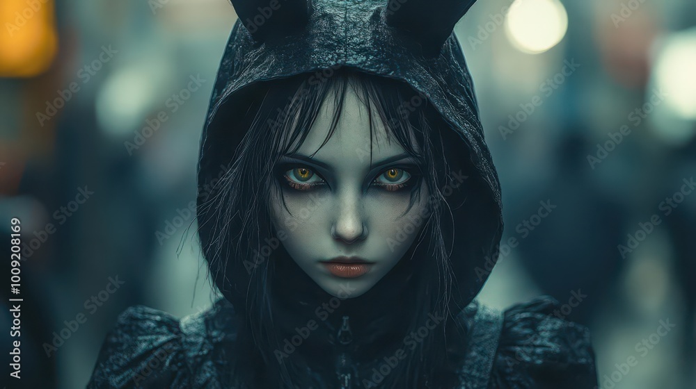 psychotic woman dressed in a striking black rabbit costume portraying a ...