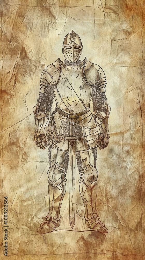 A medieval knight in full armor, a detailed sketch with ink and ...