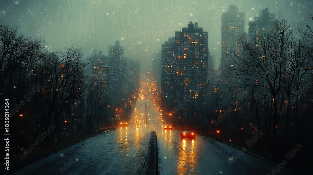 rainy day scene featuring an empty wet asphalt road winding through a ...