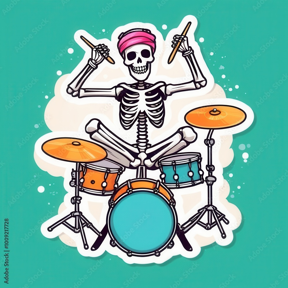 A playful skeleton drummer, complete with a vibrant headband, is mid ...