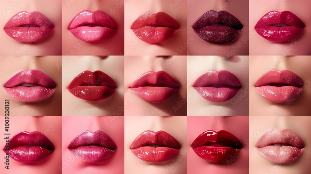 A grid of lips in different shades of pink, with the bottom lip ...