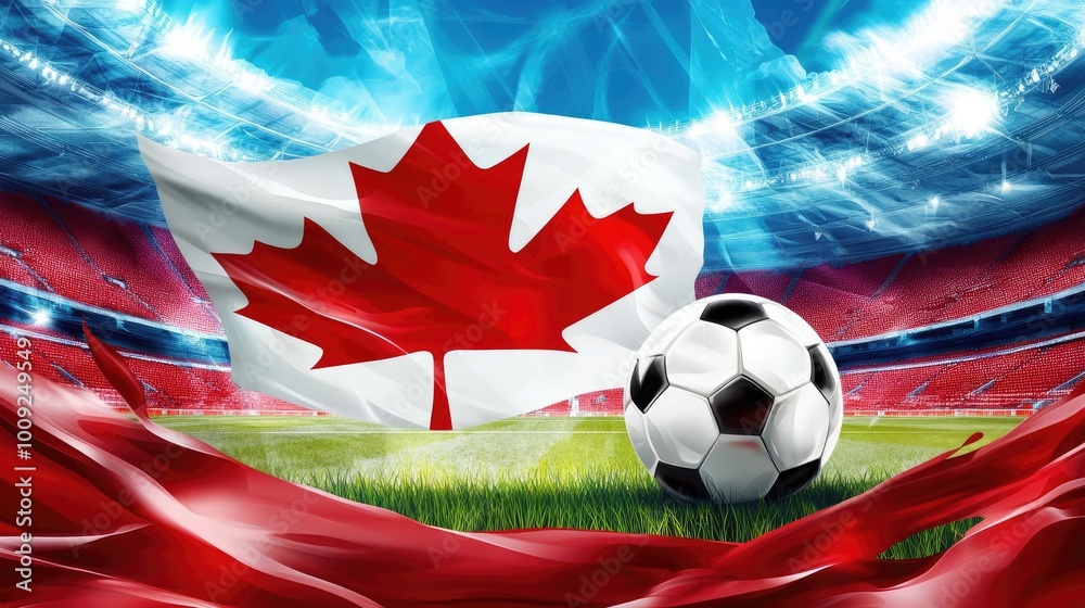 dynamic soccer banner with canadian flag and ball in stadium sports ...