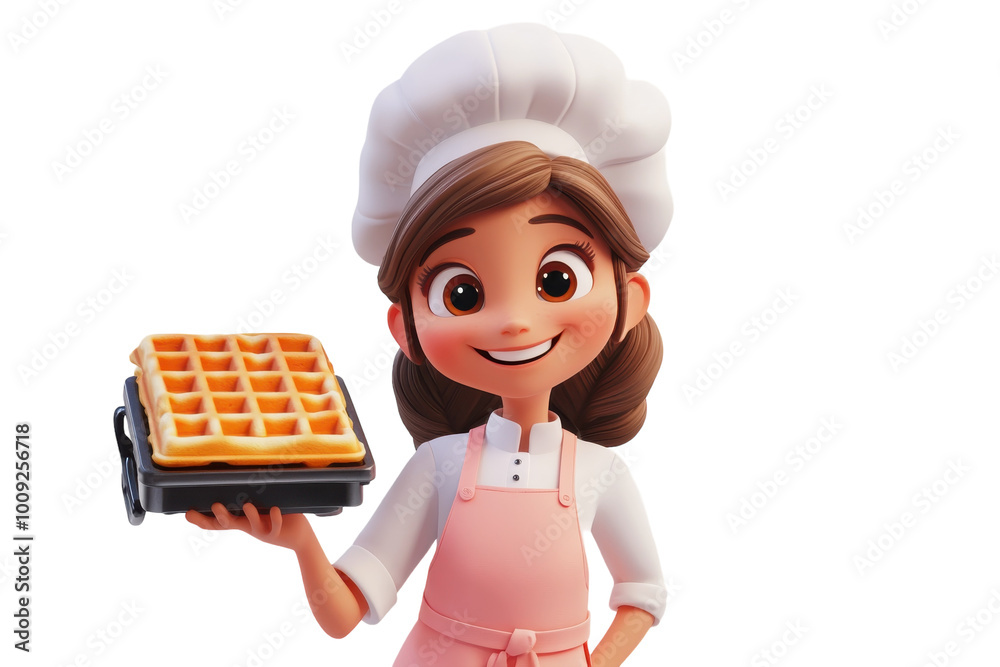 Cheerful cartoon chef holds freshly baked waffles in a cozy kitchen ...