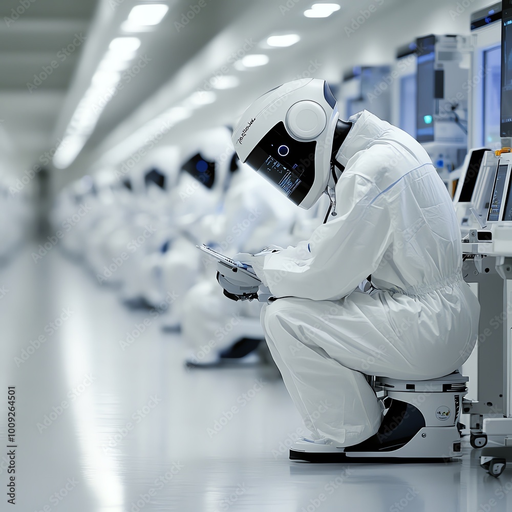 Nurse operating a mobile diagnostic robot, collecting vital signs and ...