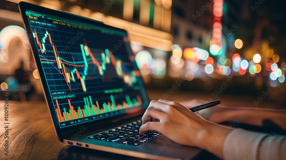 stock market business data graphs display on laptop screen, data ...