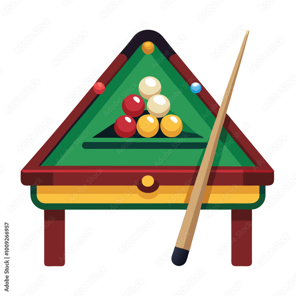 Pool billiards, human next to red table with snooker cues and balls ...