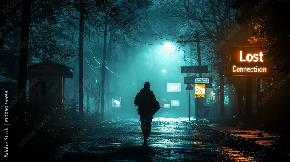 A figure walks down a deserted, foggy street at night, illuminated by ...