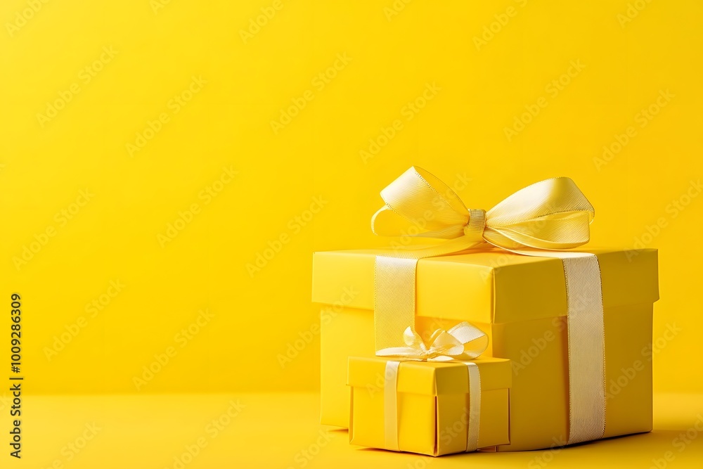 yellow gift box of present with ribbon and bow, surprise packaging ...