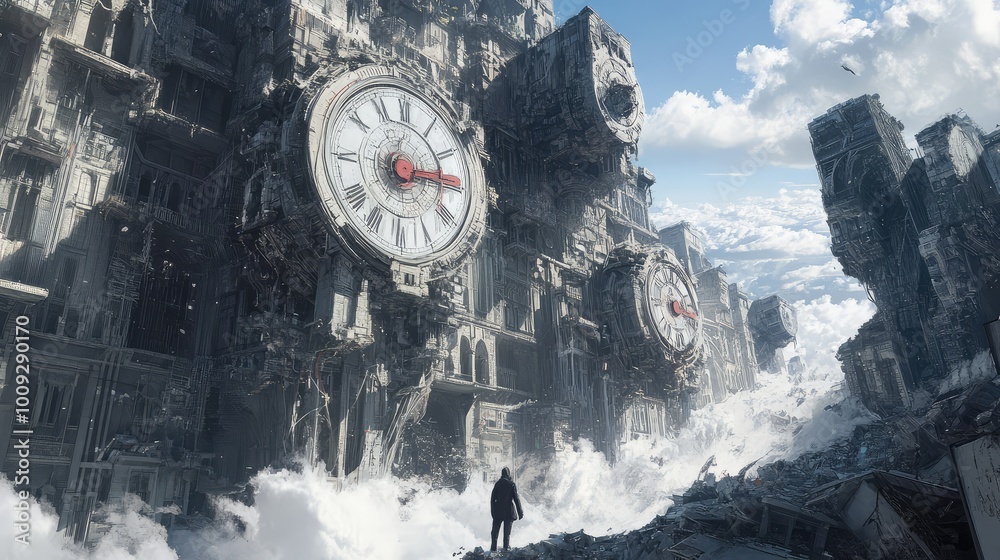 Fluid clock towers in the city melt into surreal forms, their faces ...