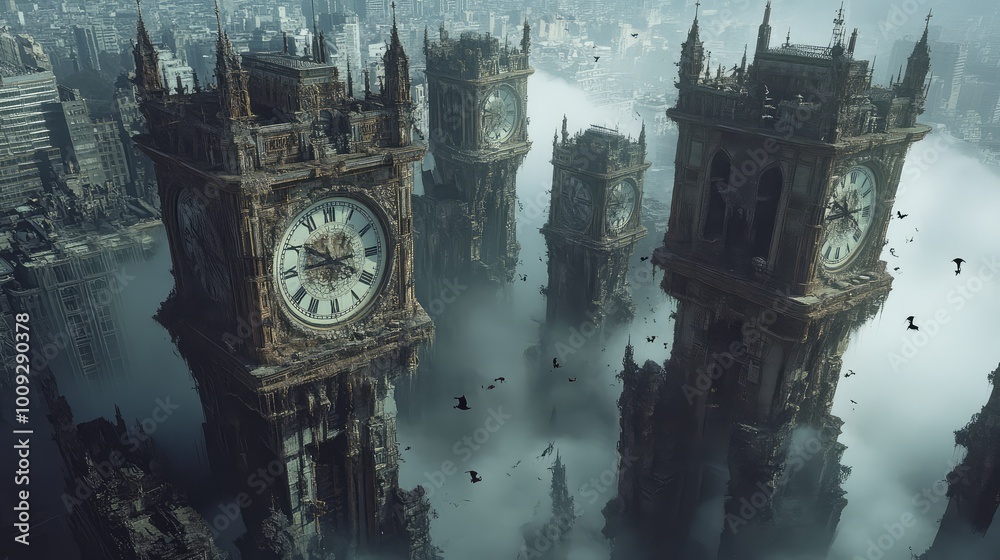 Fluid clock towers in the city melt into surreal forms, their faces ...