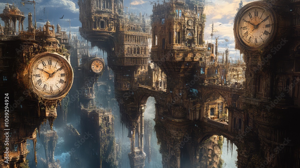 Melting clock towers twist and bend in a surreal cityscape, their forms ...