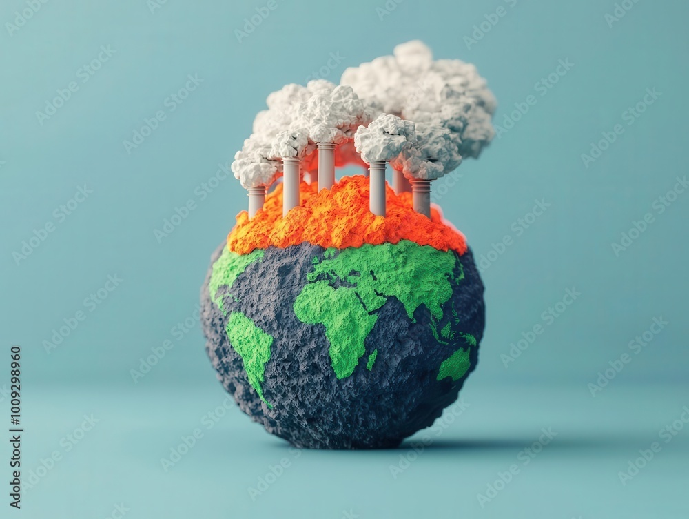 Conceptual art of a globe with geothermal power plants emerging from ...