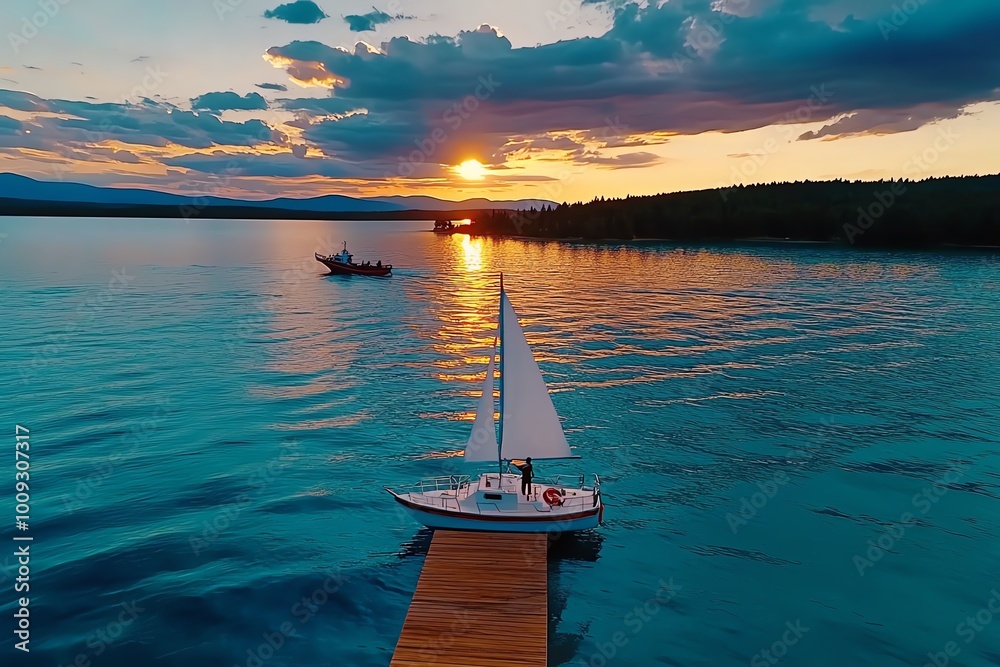 A figure standing at the edge of a pier, waving goodbye to a departing ...