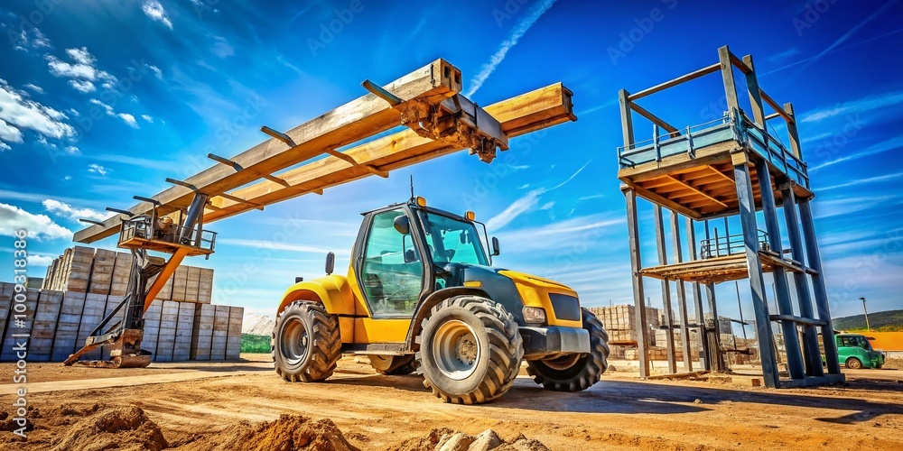 Heavy-duty telehandler lifting materials at a construction site against ...