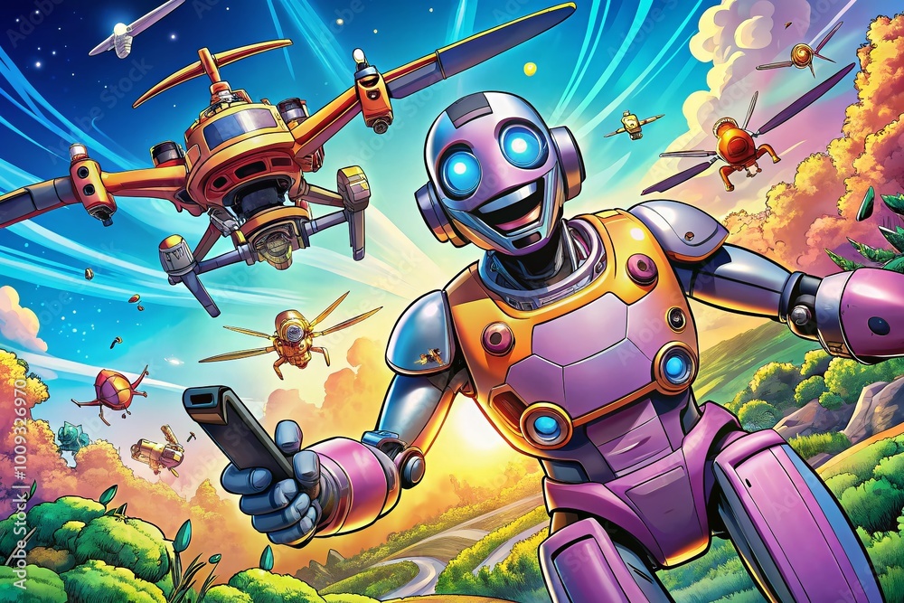 Humorous Robot Comic Panel Featuring a Playful Android Engaging in ...