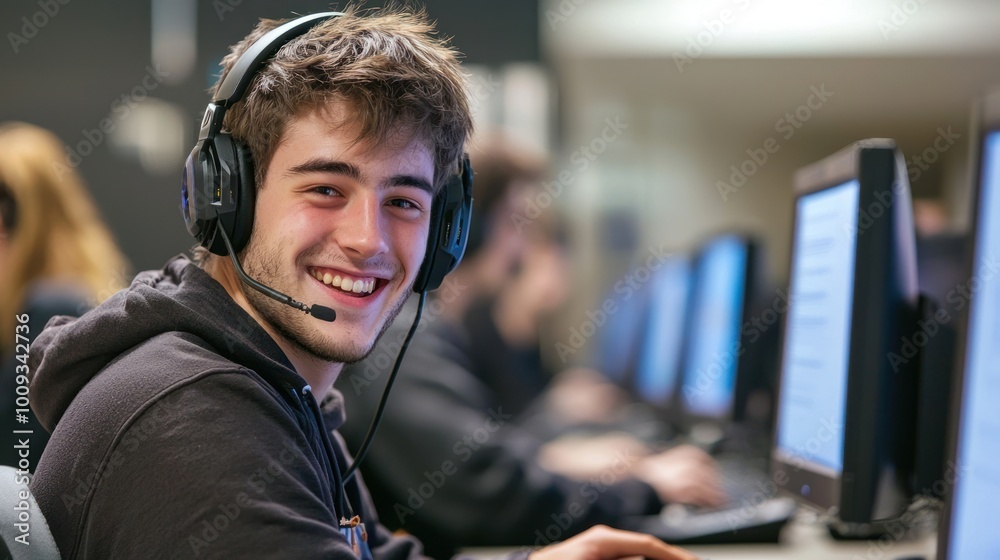 1️⃣ Portrait of a smiling male student with a headset, working at a ...
