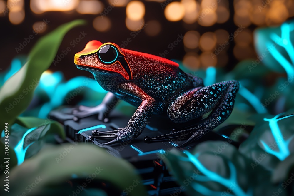 A futuristic frog with neon colors glowing in a high-tech jungle, where ...
