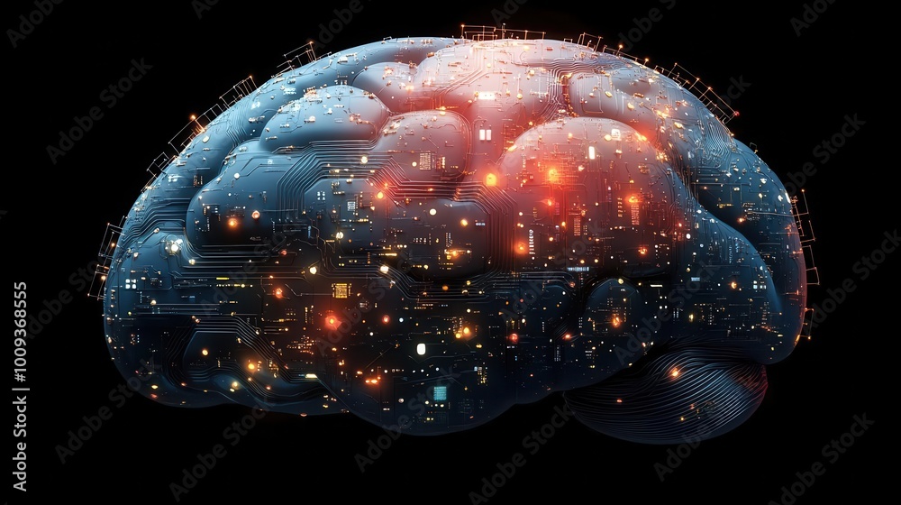 stylized representation of a human brain integrated with circuitry and ...
