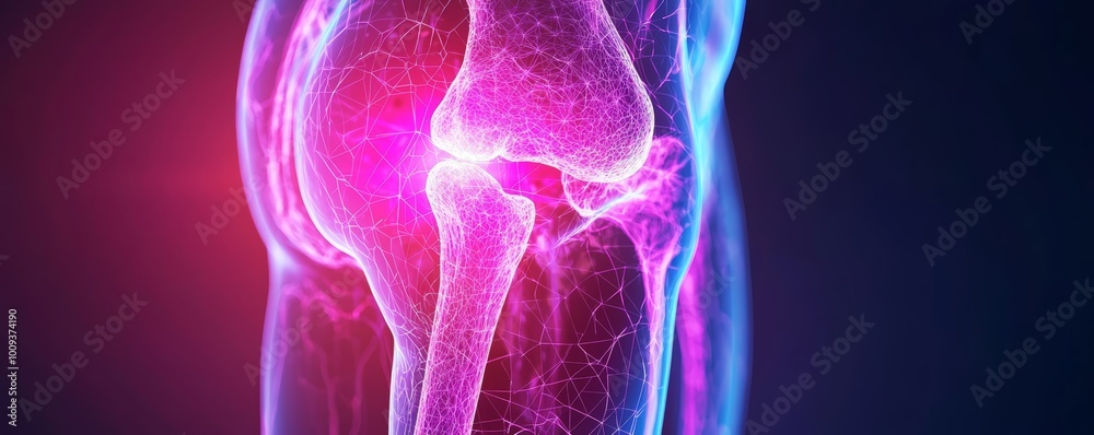 A detailed front-facing 3D illustration of the hip joint, showing ...