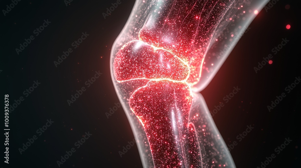 A 3D model of the hip joint showing the anterior view, with glowing red ...