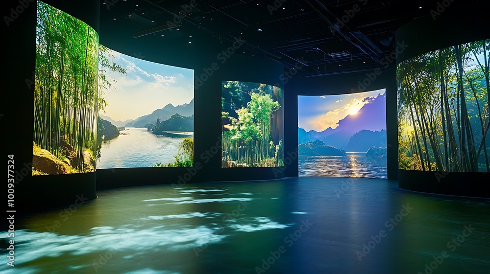 Immersive digital art installation with four screens displaying serene ...