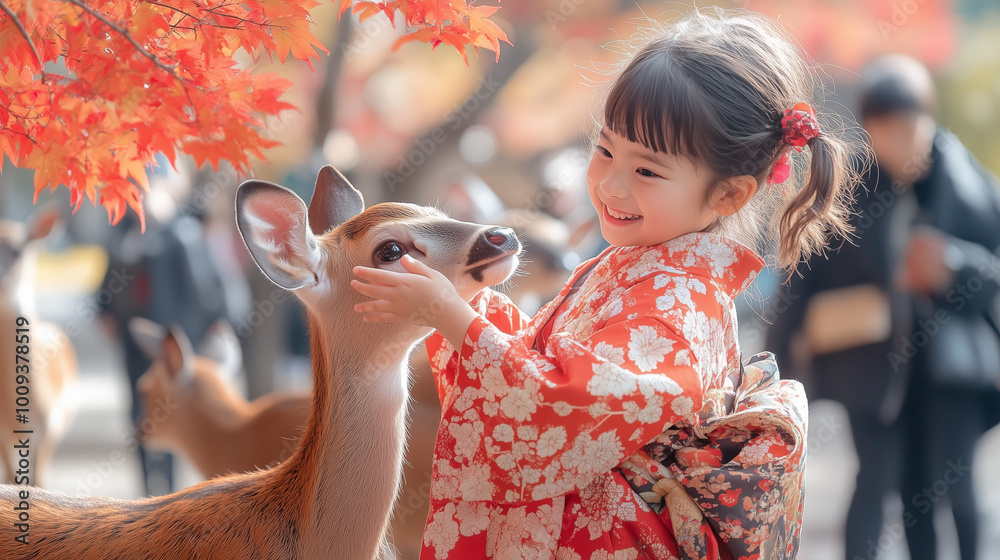 beautiful view of Nara Shika Deer festival, deer running around the ...
