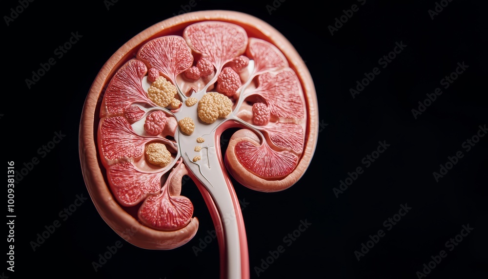 A cross-section of the kidney in 3D, with the renal artery, vein, and ...