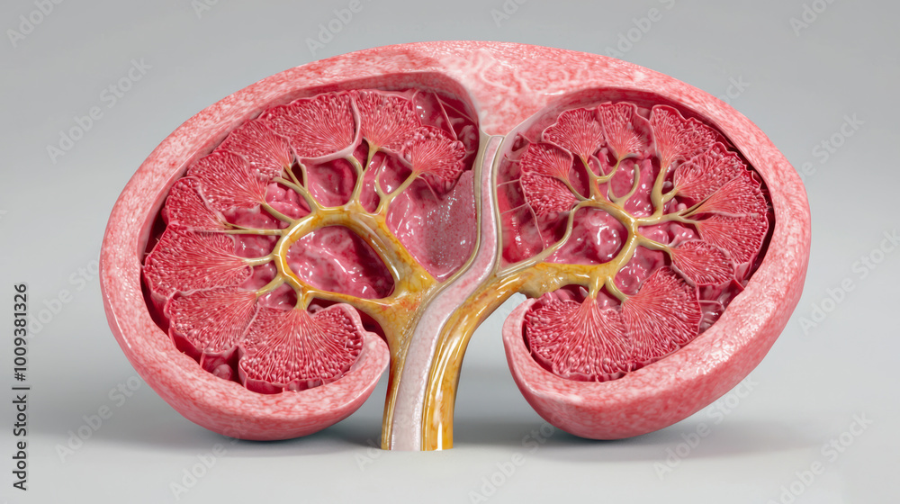 A cross-section of the kidney in 3D, with the renal artery, vein, and ...