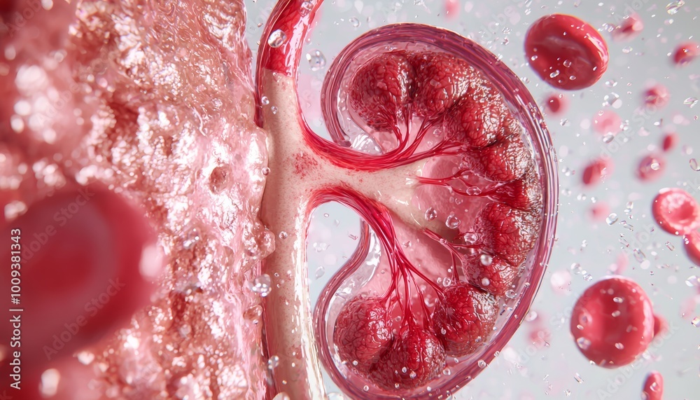A cross-section of the kidney in 3D, with the renal artery, vein, and ...