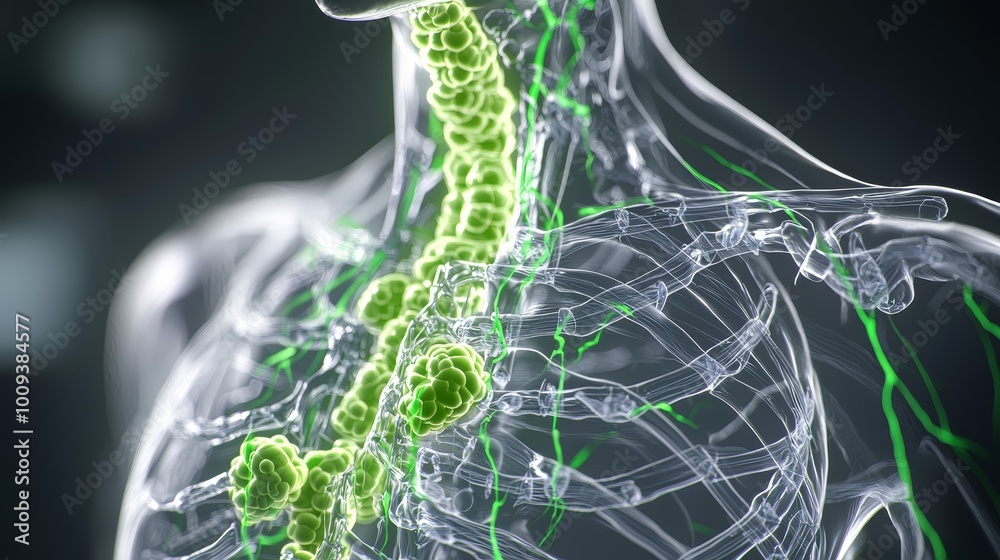 A detailed 3D illustration of the lymphatic vessels running between the ...