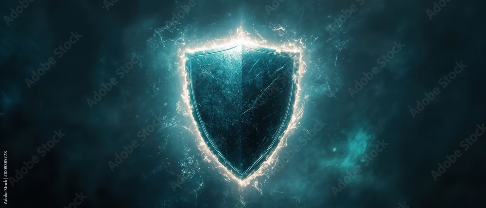 Create a glowing shield symbol with a radiant light surrounding it ...