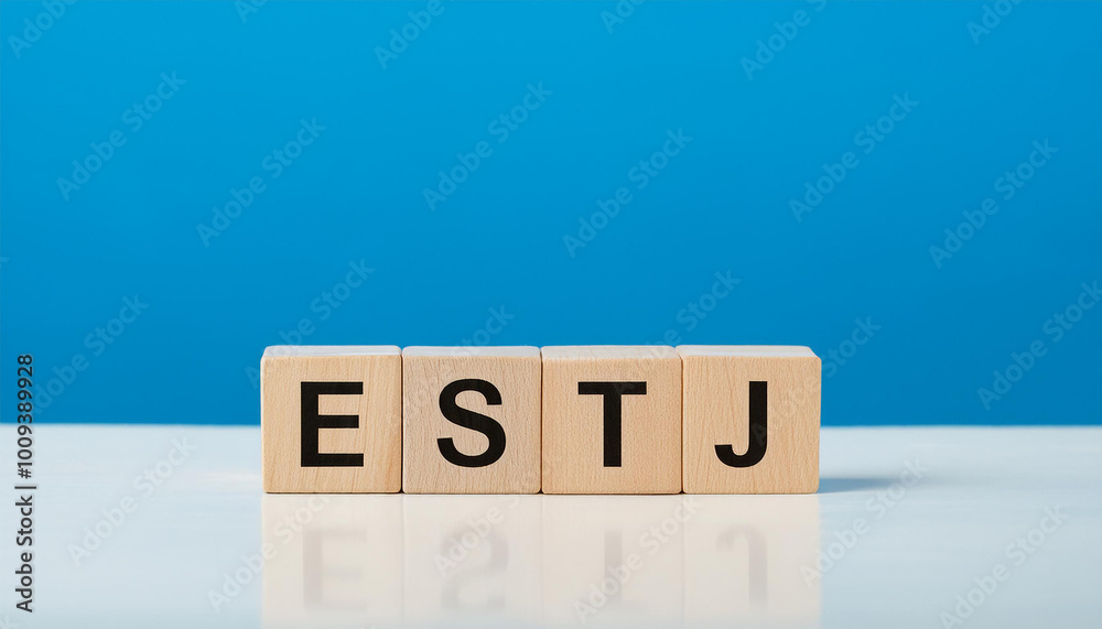 Wooden cubes with abbreviation ESTJ. Extraverted, Sensing, Thinking ...