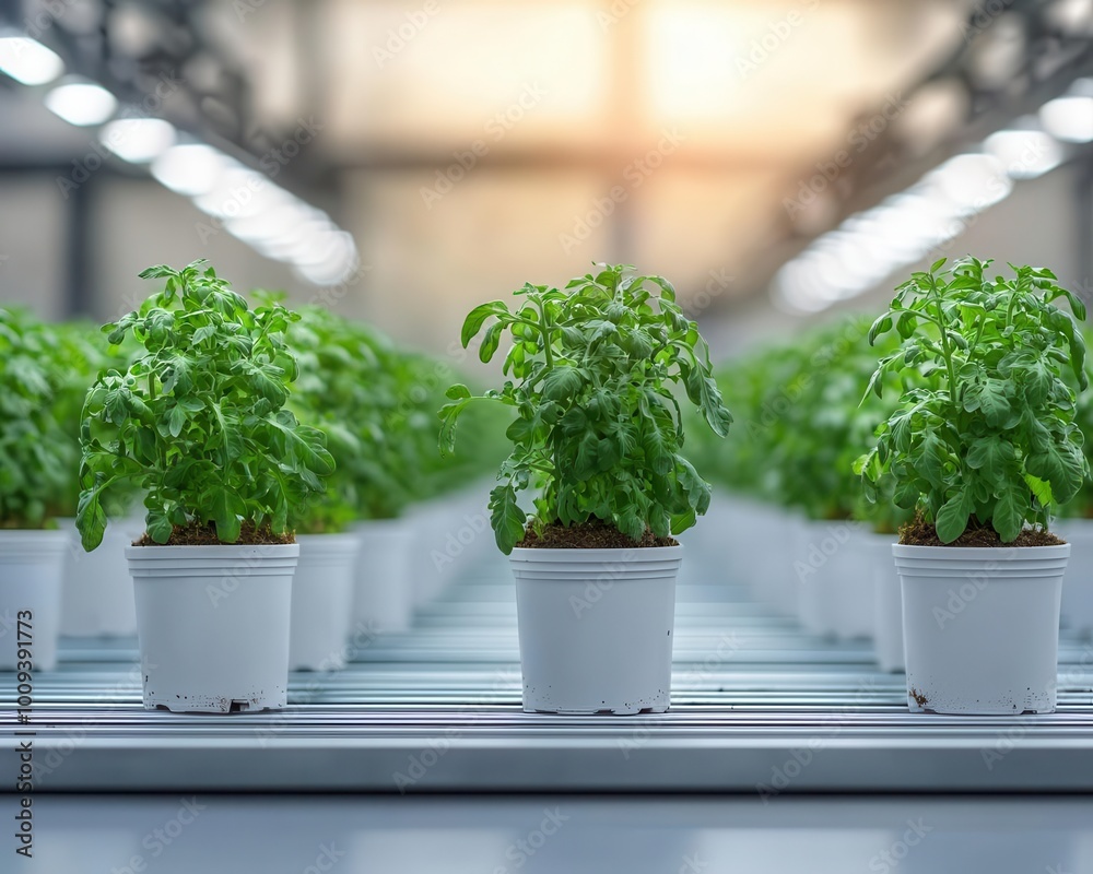 Poster Rows of hydroponic tomato plants with automated nutrient ...