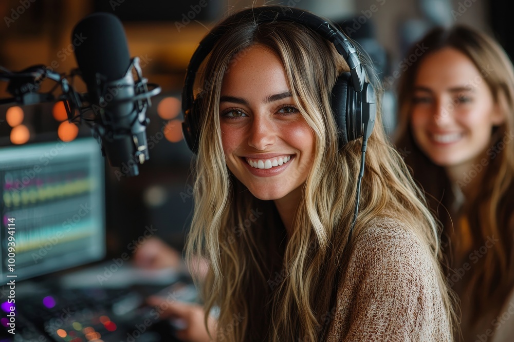 Female radio presenters having a good time on a live broadcast ...