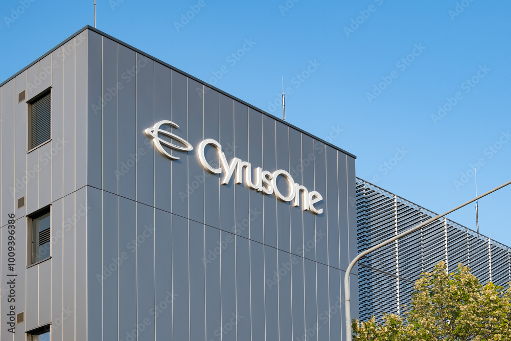 Modern high-rise architecture with logo Cyrusone, data center exterior ...
