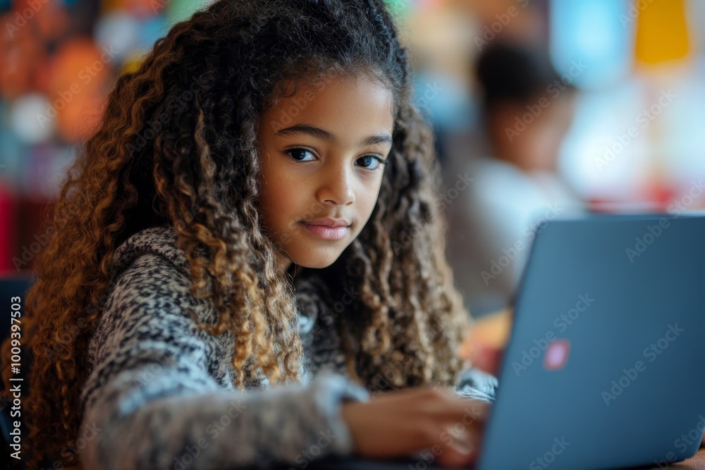 Exploring the digital world: Girl programming on a laptop in a coding ...