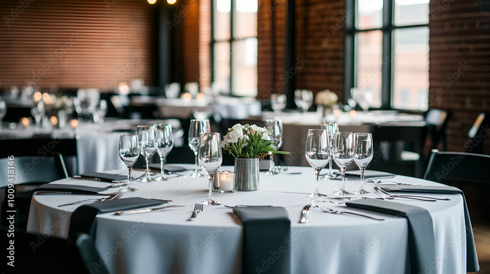 Elegant corporate event venue with sophisticated table settings and ...