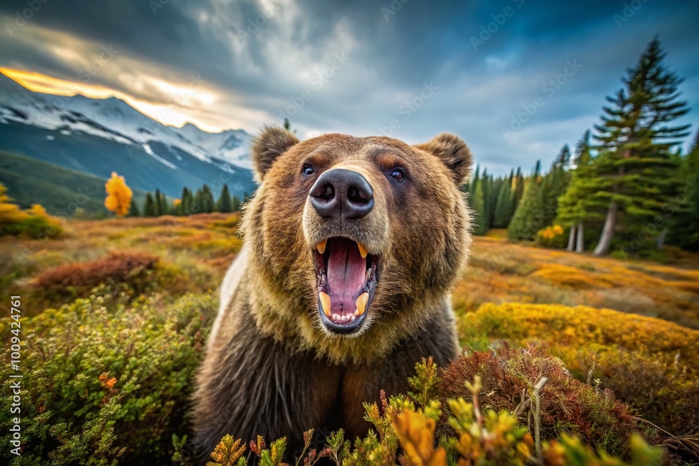 Powerful Grizzly Bear Roaring in Anger Amidst the Wilderness of Its ...