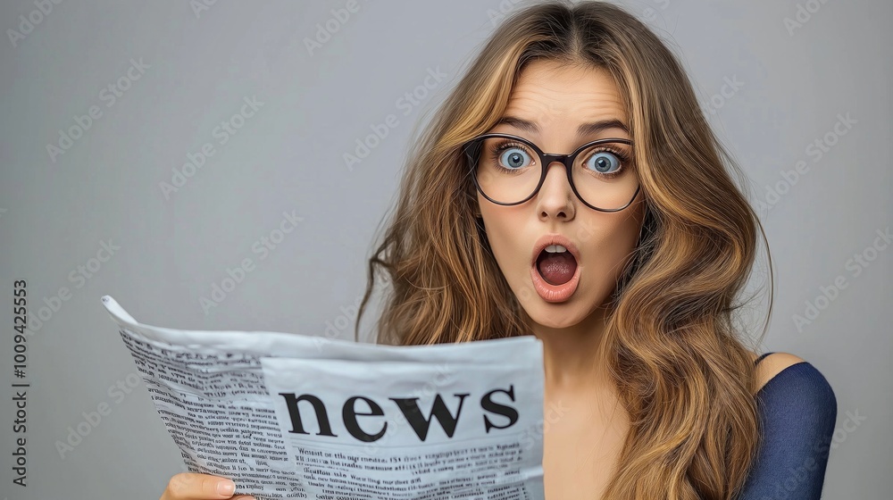 Woman with a surprised and shocked look and open mouth reading a ...