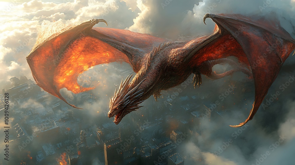A fiery red dragon soars through the sky above a city, its wings spread ...