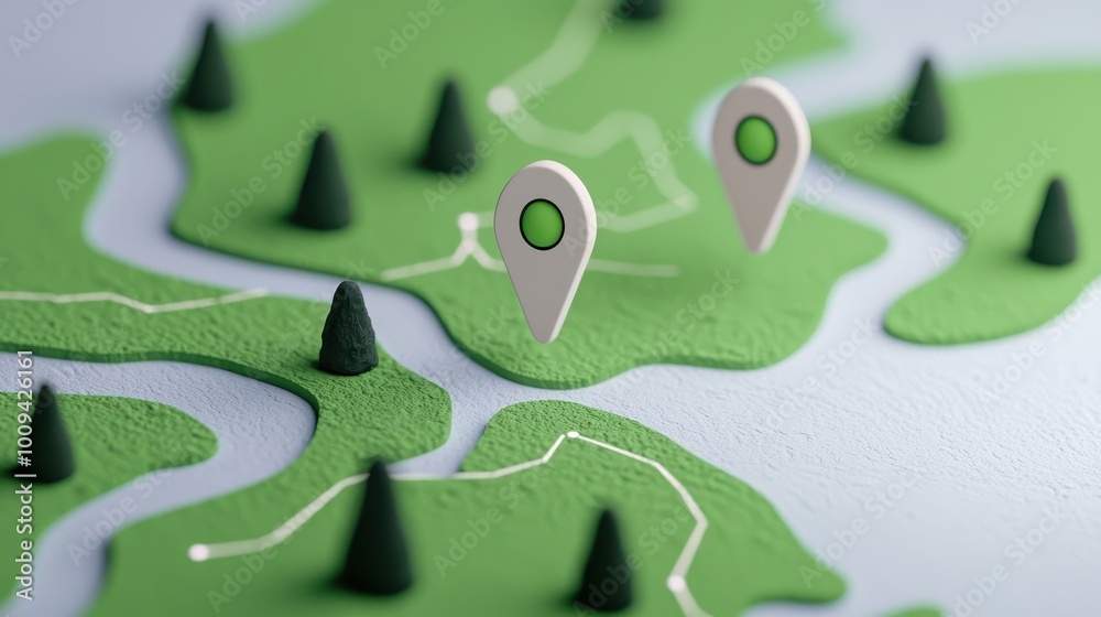 Map illustration with location pins and green trees on a stylized ...